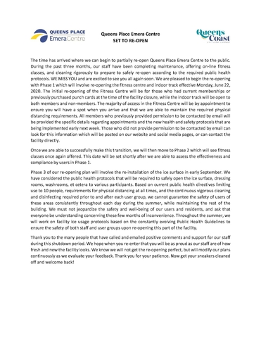 Queens Place Emera Centre Re-Opening - Region of Queens Municipality